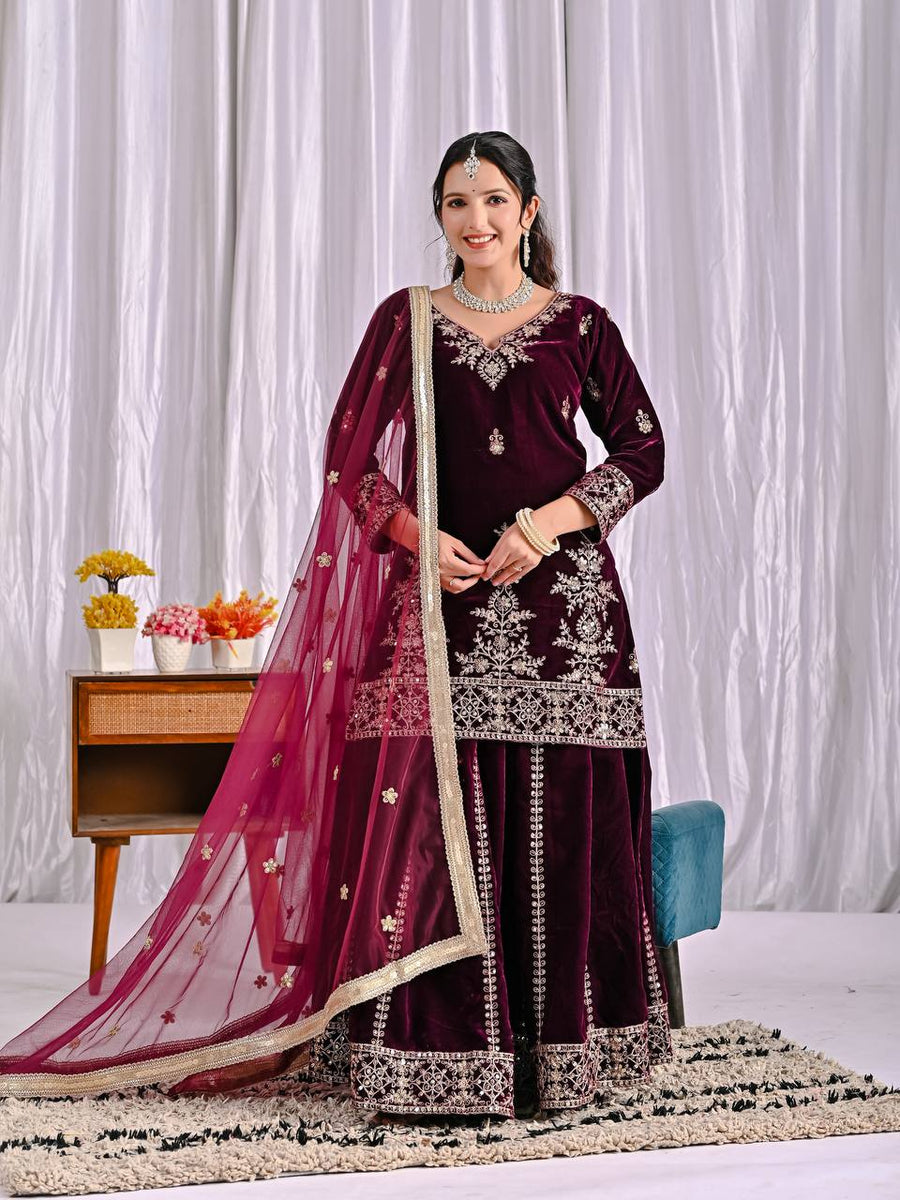 Premium Designer Velvet Sharara Palazzo Set – AMRAPALI TREND