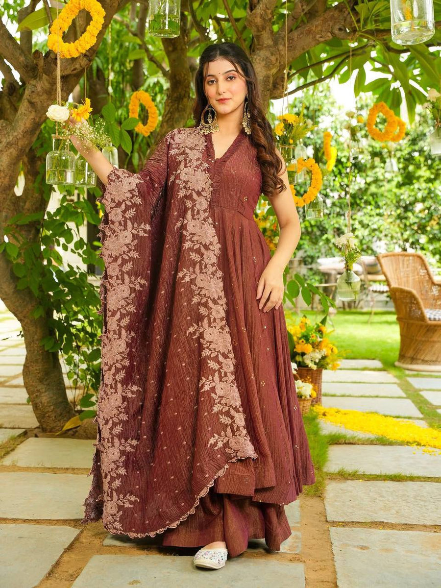 Stylish Women Crunchy Fabric Embroidered Sharara Suit Set with Dupatta ...